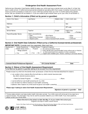 Fillable Online Kindergarten Oral Health Assessment Form Section 1 ...