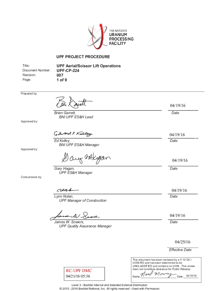 Fillable Online UPF PROJECT PROCEDURE Title: UPF Aerial/Scissor Lift ...