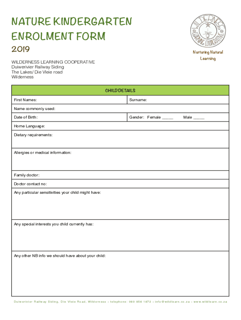 Fillable Online KINDERGARTEN ENROLMENT FORM 2019 Fax Email Print ...
