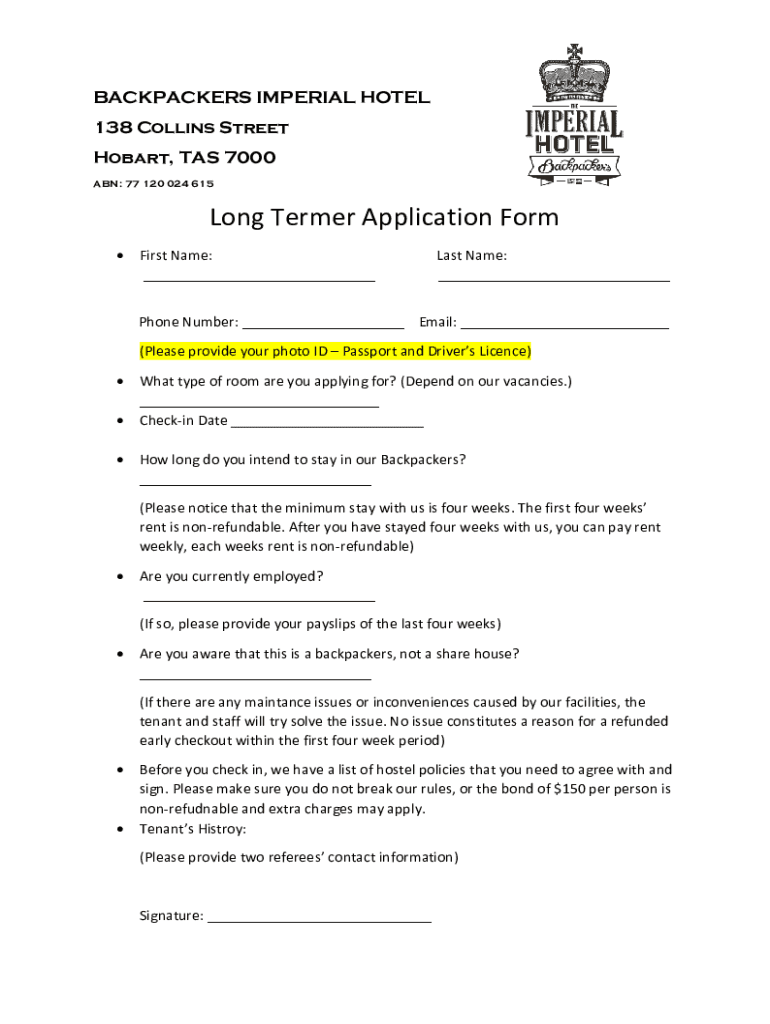 Fillable Online ABN: 77 120 024 615 Long Termer Application Form Fax ...