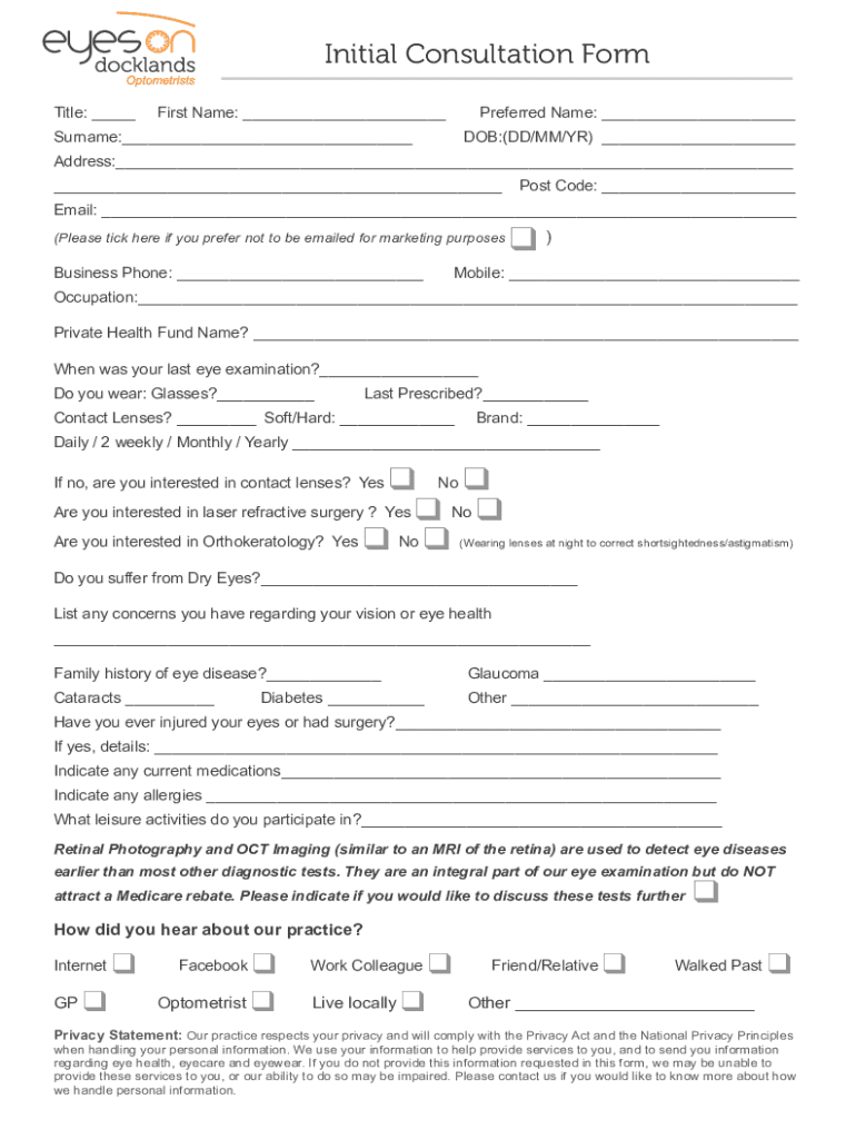 Fillable Online Initial Consultation Form printable pdf download Fax ...