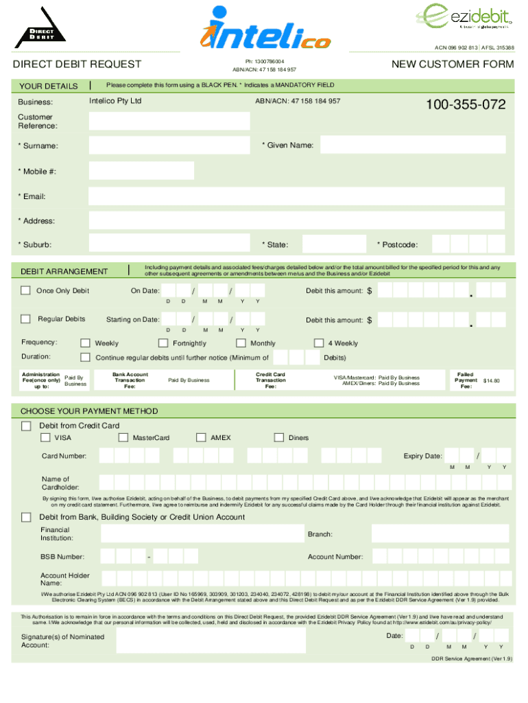Fillable Online Fillable Online DIRECT DEBIT REQUEST NEW CUSTOMER FORM ...