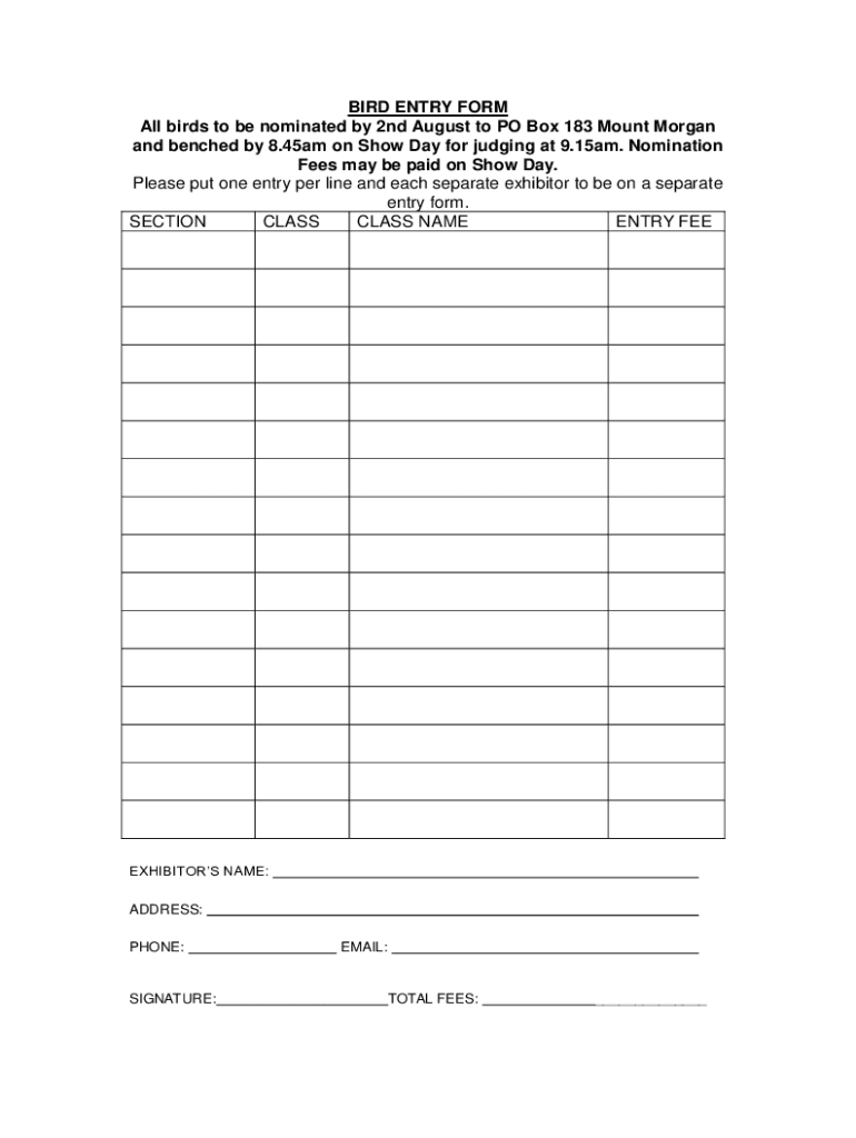 Fillable Online BIRD ENTRY FORM Fax Email Print - pdfFiller
