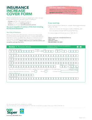 Fillable Online Insurance Increase Cover Form - NGS Super Fax Email ...