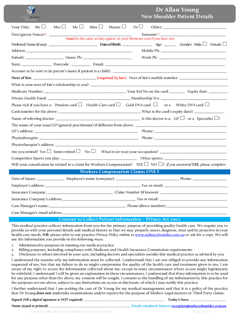 Fillable Online Dr Young New Shoulder Patient Form September 2019 Fax ...