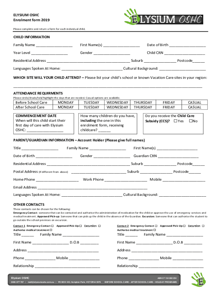 Fillable Online Fillable Online ELYSIUM OSHC BAXTER PRIMARY SCHOOL Fax ...
