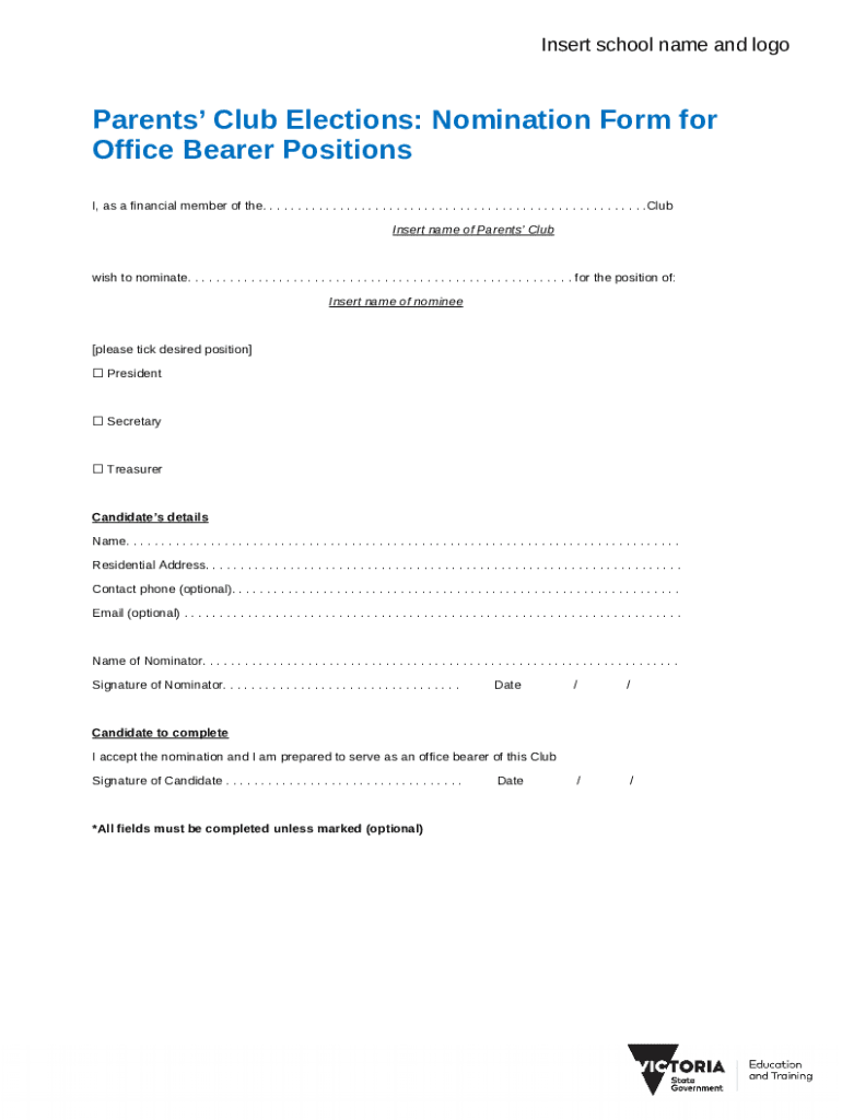 Parents' Club Elections Nomination for Office Bearer Positions Doc ...