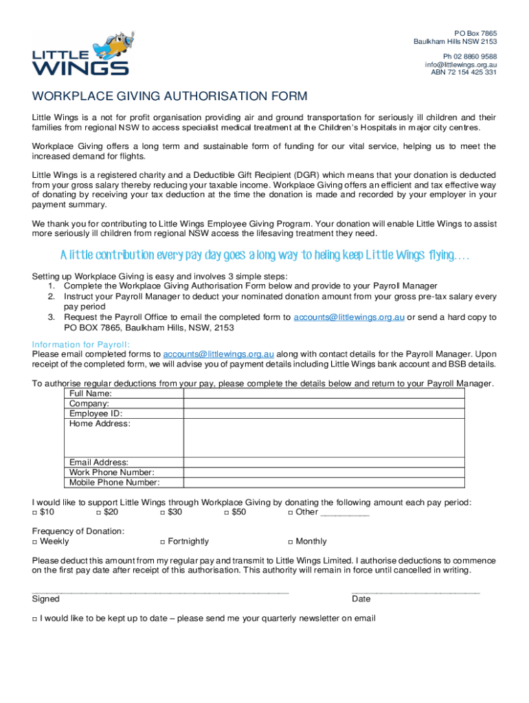 Fillable Online WORKPLACE GIVING AUTHORISATION FORM - Little Wings Fax Email Print - pdfFiller