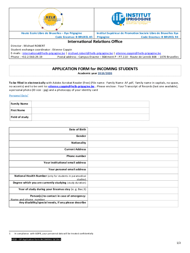 Fillable Online APPLICATION FORM for INCOMING STUDENTS - helb-prigogine ...