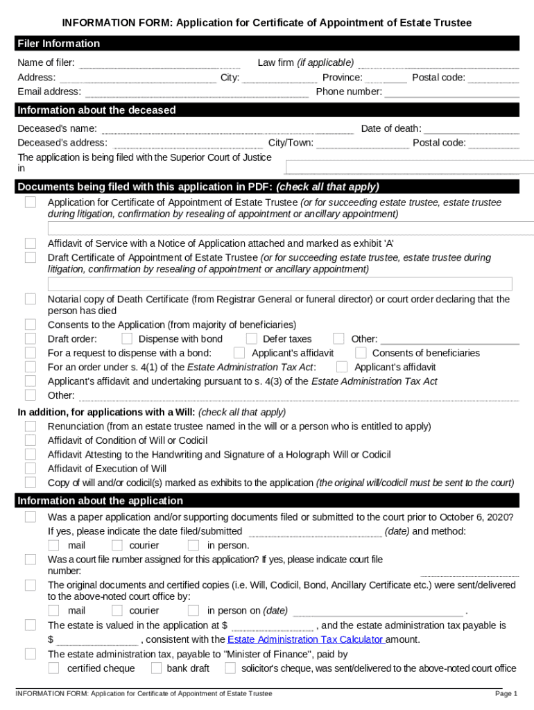 Ination . Application for Certificate of Appointment of Estate Trustee ...