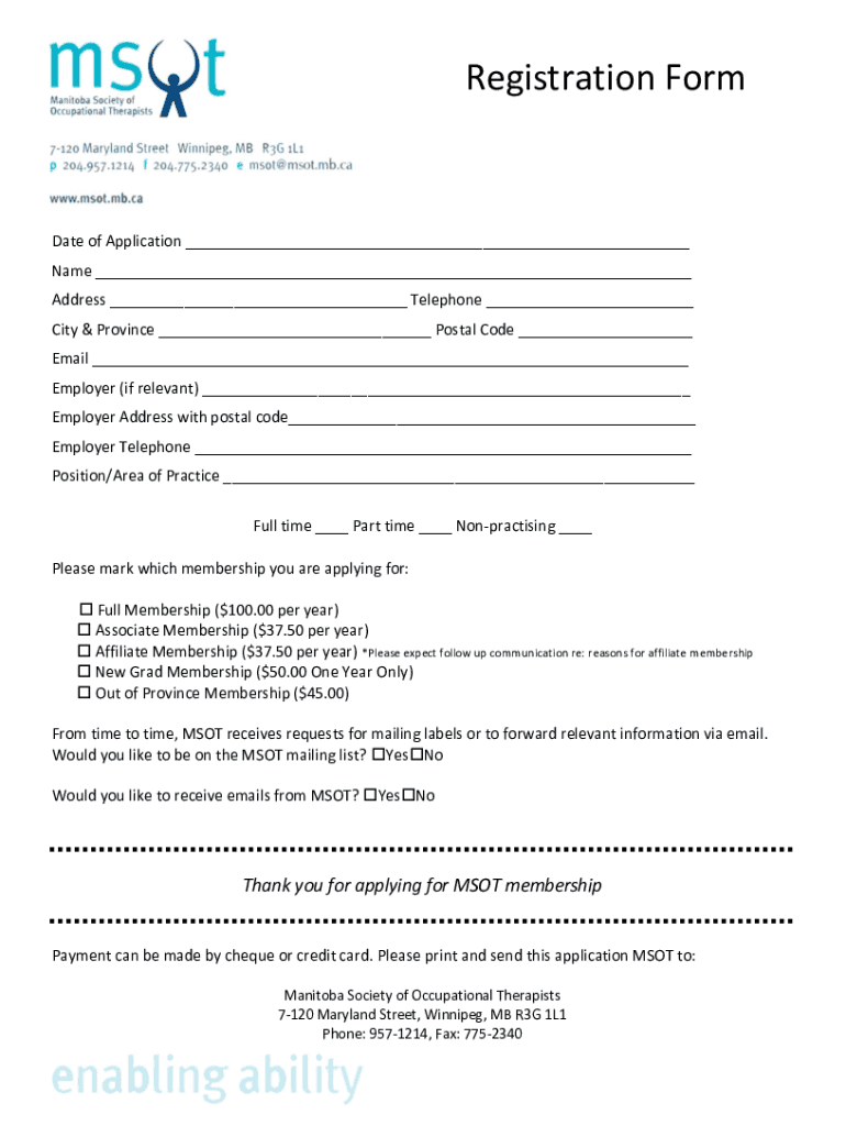 Fillable Online Registration Form - MSOT Fax Email Print - pdfFiller