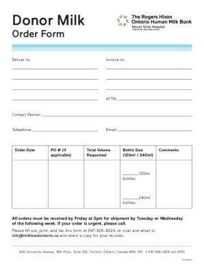Fillable Online Donor Milk Order Form. Ontario Human Milk Bank Fax ...