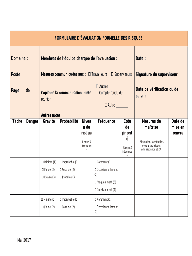 ULAIRE DVALUATION ELLE DES RISQUES Doc Template | pdfFiller