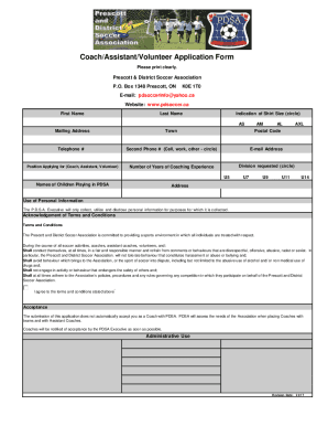 Fillable Online Coach/Assistant/Volunteer Application Form Fax Email ...