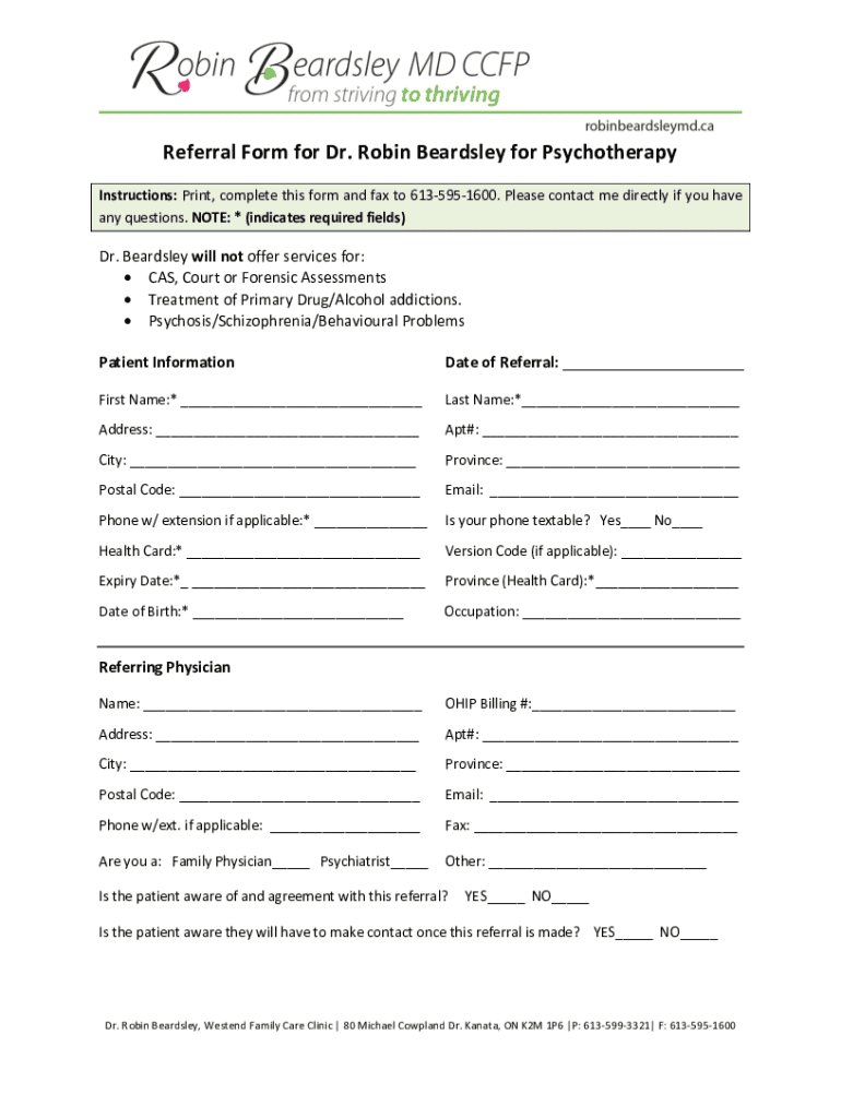 Fillable Online Referral Form for Dr. Robin Beardsley for Psychotherapy ...