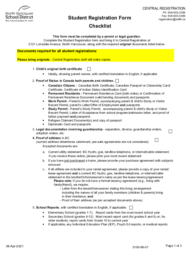 Fillable Online Student Registration form - SD44 Fax Email Print ...