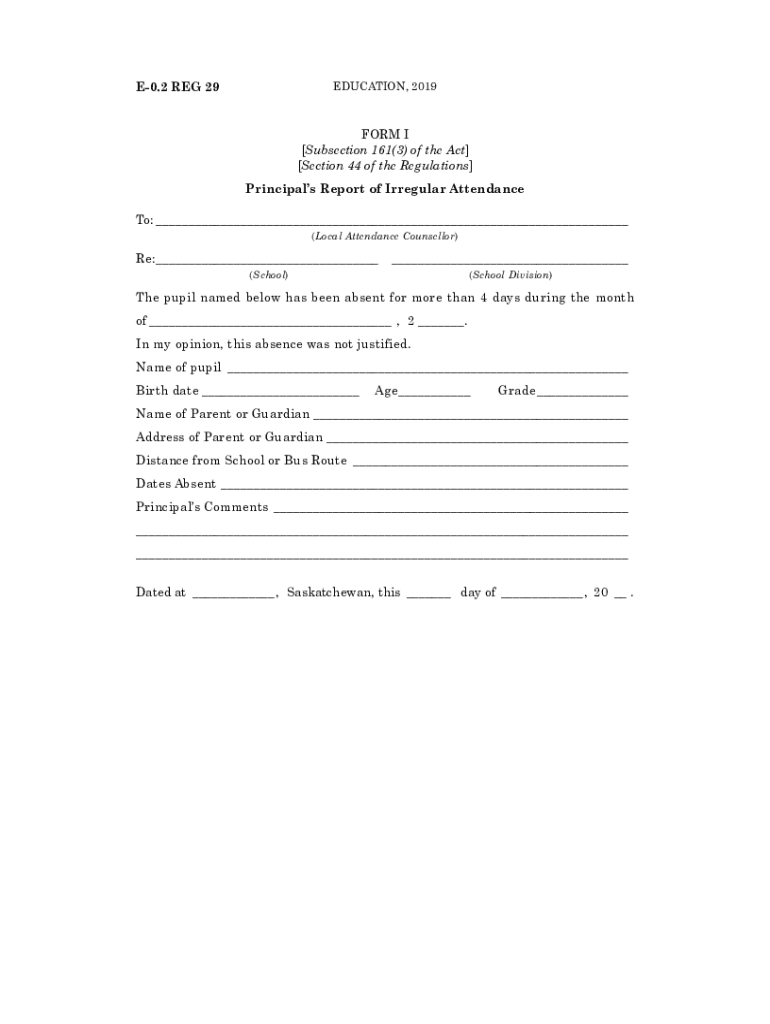 Fillable Online E-0.2 Reg 29 Form I - Principals Report of Irregular ...