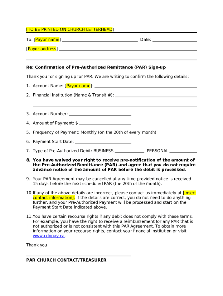 PAR Confirmation Letter. For treasurers to confirm new PAR ...