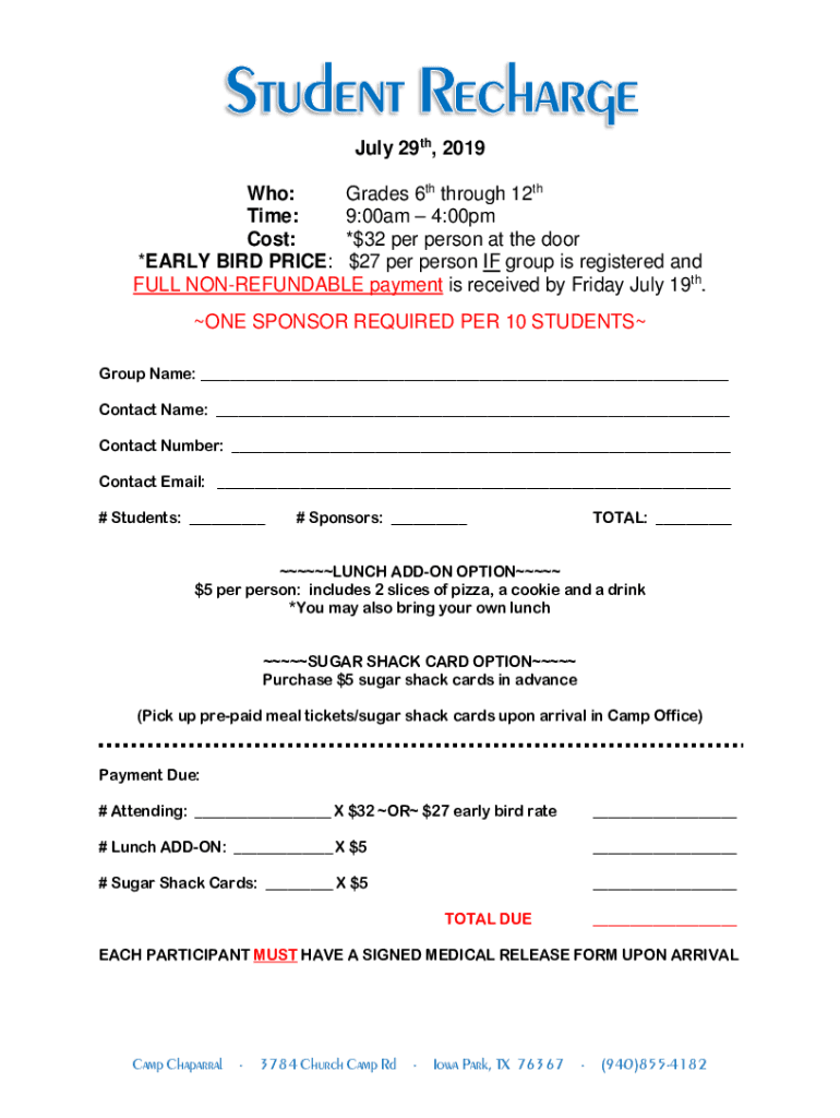 Fillable Online 2019 Student Recharge registration form.docx Fax Email ...