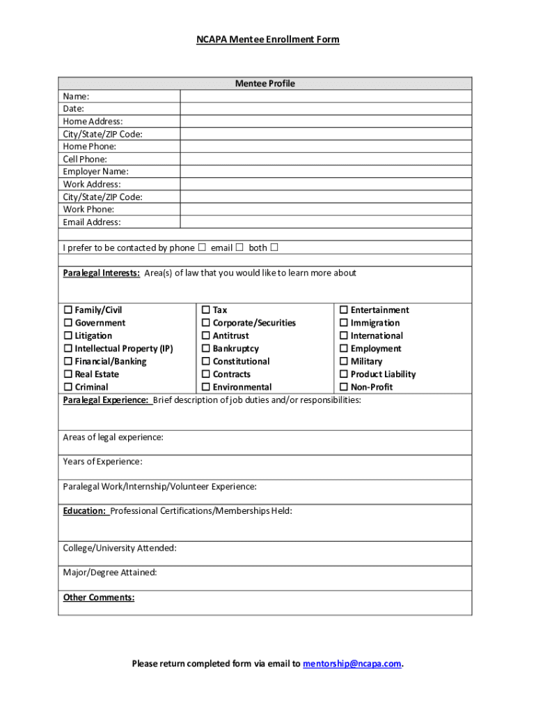 Fillable Online Get the BNCAPAb Mentee Enrollment Form Mentee Profile ...