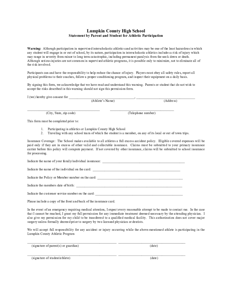 Fillable Online Lumpkin County High School Statement by Parent and ...
