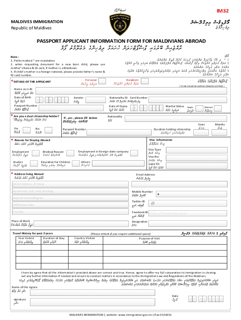Fillable Online PASSPORT APPLICANT INFORMATION FORM ... - Maldives ...