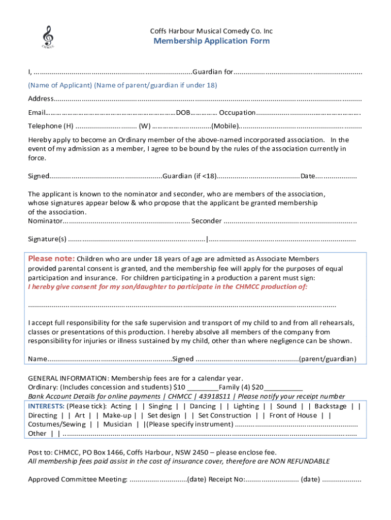 Fillable Online Coffs Harbour Musical Comedy Co. Inc Membership ...