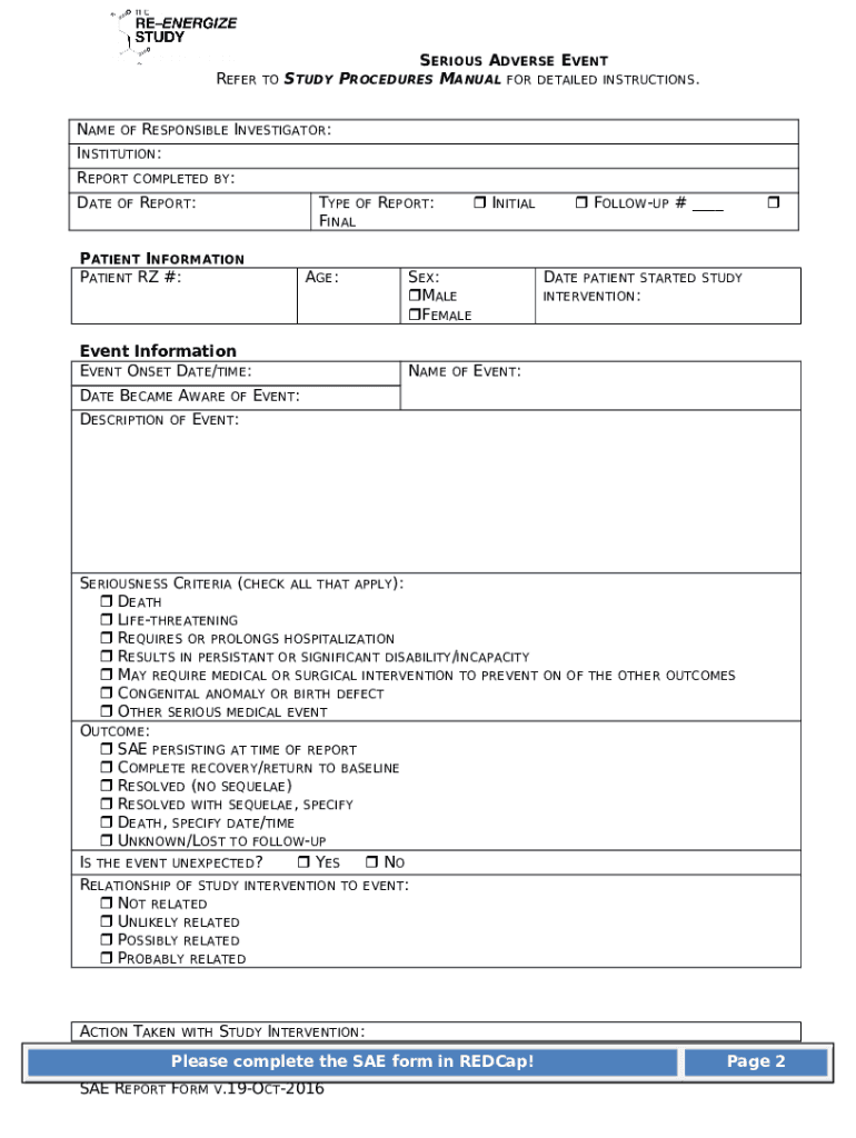 SERIOUS ADVERSE EVENT R STUDY PROCED URES MANUAL Doc Template | pdfFiller