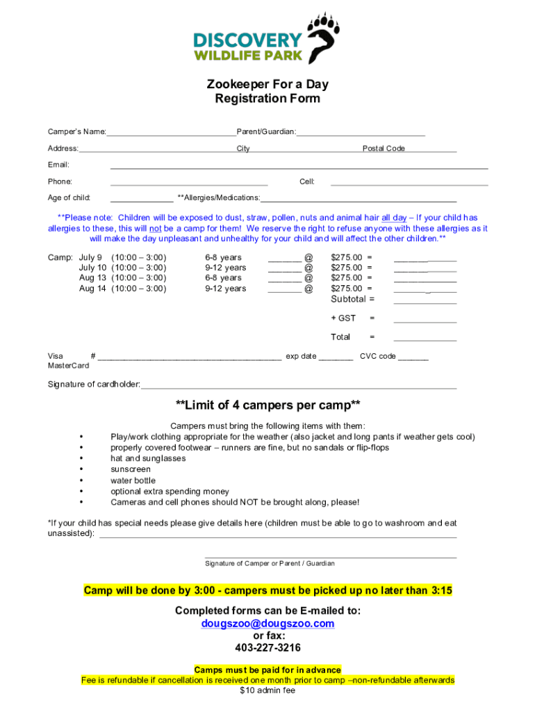 Fillable Online Zookeeper for a day reg form 2020 - Discovery Wildlife ...