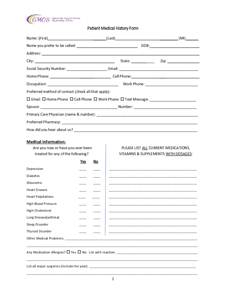 Fillable Online Patient Medical History Form - GMOS Clinic Fax Email ...
