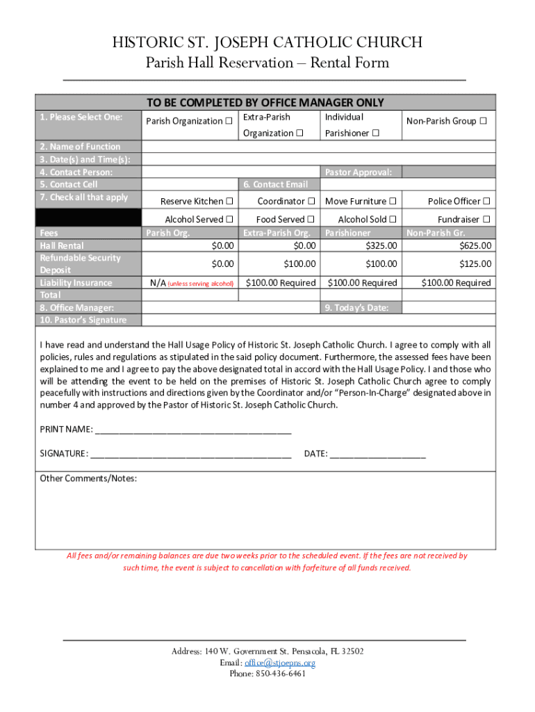 Fillable Online HISTORIC ST. JOSEPH CATHOLIC CHURCH Parish Hall ...