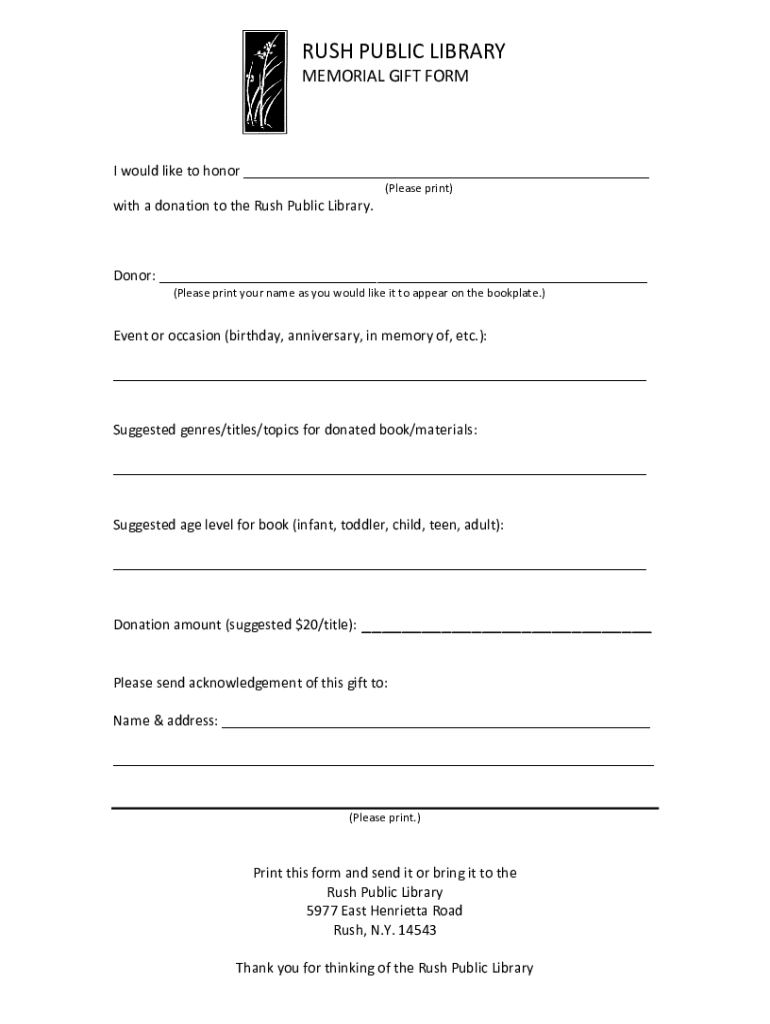 Fillable Online Rush Public Library Donation Form Fax Email Print ...