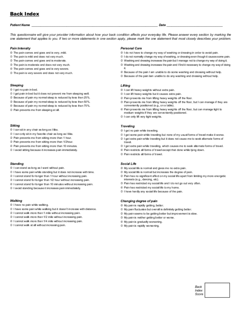 Fillable Online Back Pain Index - Orthopaedic ScoresBack IndexNeck ...