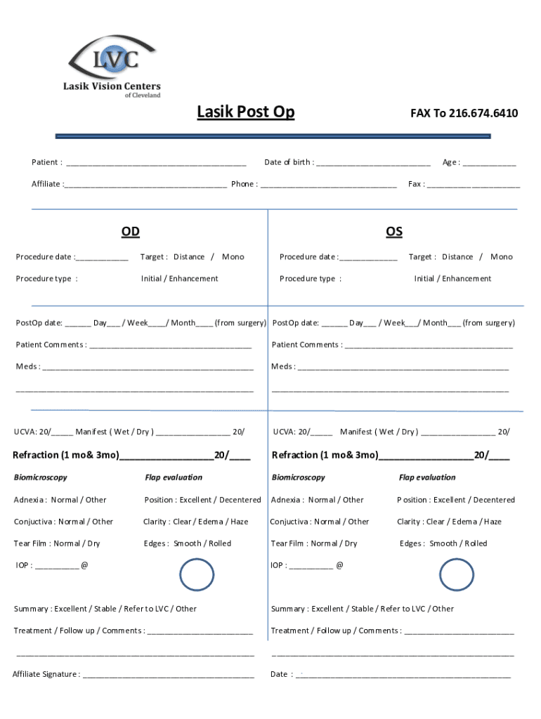 Fillable Online PRK Post Op FAX To 216.674 - LASIK Vision Centers of ...