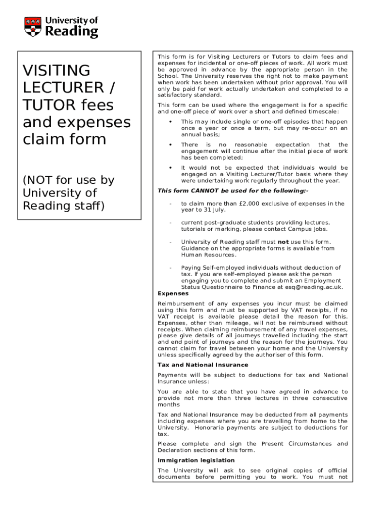 External lecturer, tutor or marking claim Doc Template | pdfFiller
