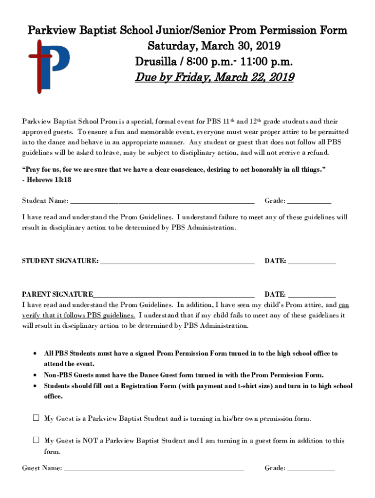 Fillable Online Parkview Baptist School Junior/Senior Prom Permission ...