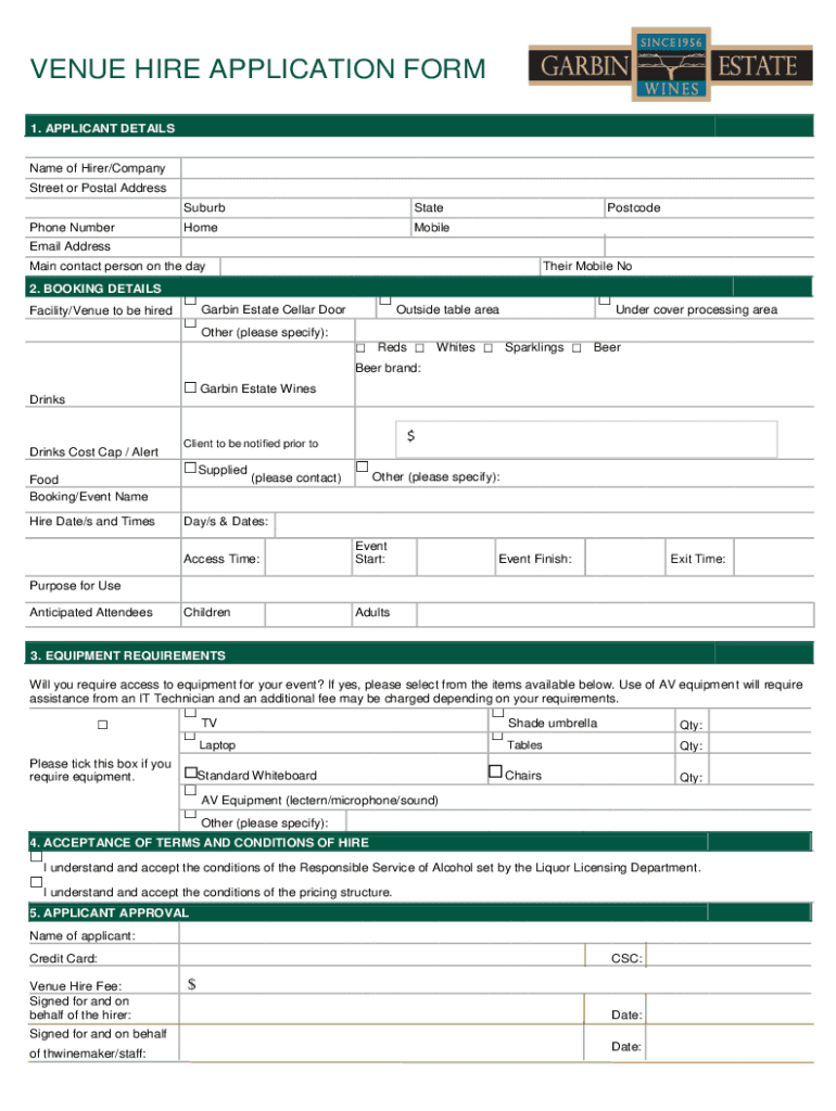 Fillable Online Venue Hire Contract and Booking FormVenue Hire Contract ...