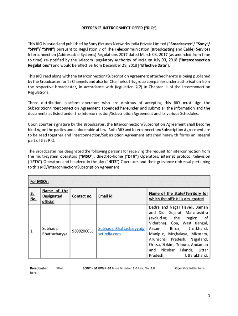 Fillable Online REFERENCE INTERCONNECT OFFER (RIO) FOR HEAD END IN THE SKY ... Fax Email Print ...