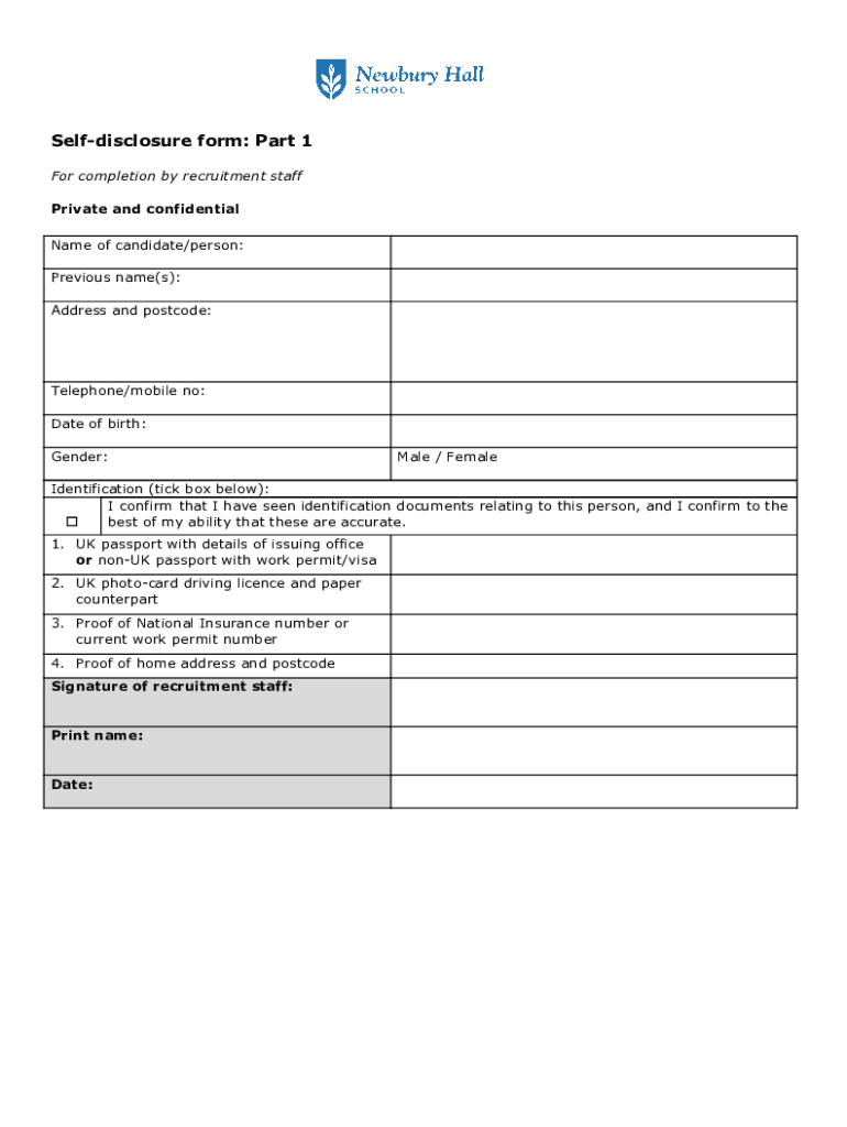 Fillable Online Self-disclosure form: Part 1 - Longridge High School ...