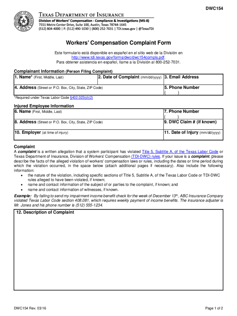 Fillable Online tdi texas Workers' Compensation Complaint Form. Workers ...