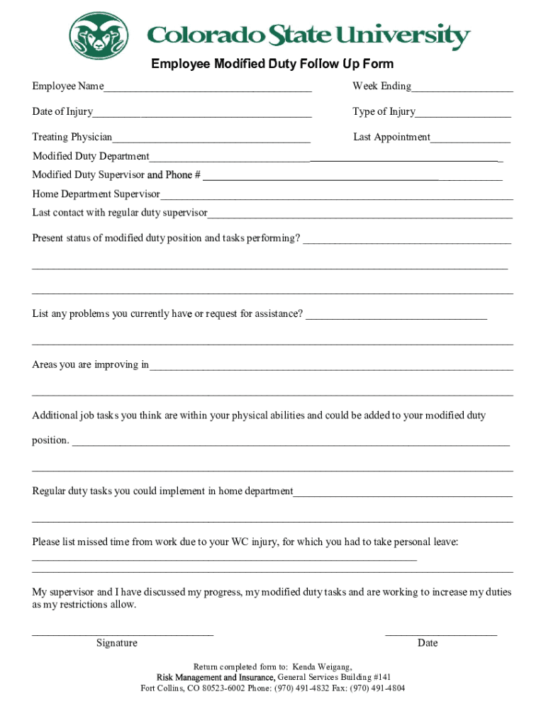 Fillable Online rmi prep colostate Template: Employee Modified Duty ...
