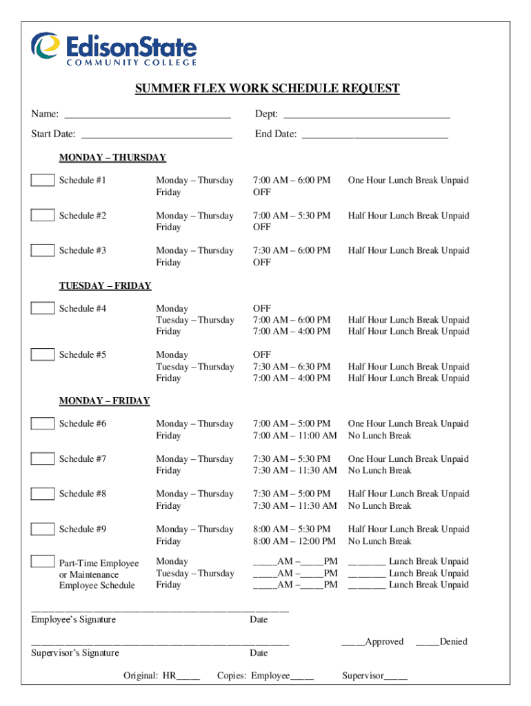 Fillable Online SUMMER FLEX WORK SCHEDULE REQUEST - edisonohio.edu Fax ...