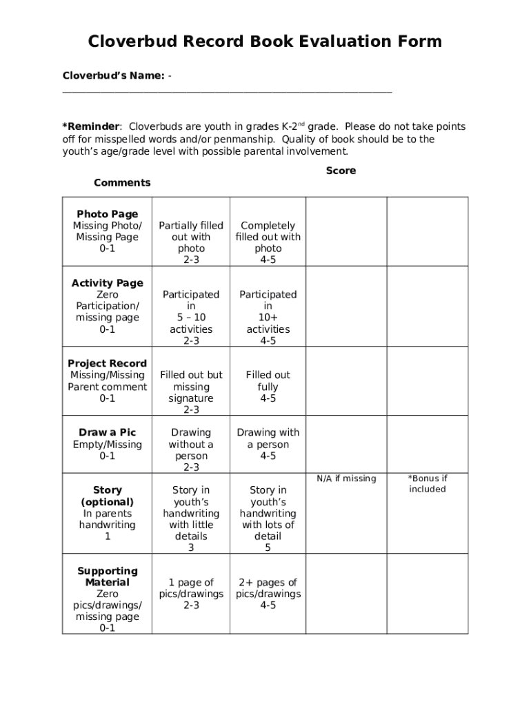 Cloverbud Record Book Evaluation Doc Template | pdfFiller