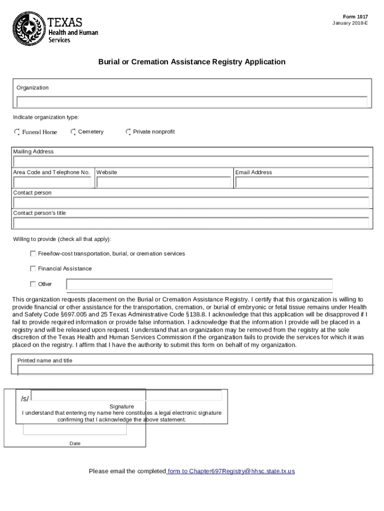 texas burial or cremation assistance registry Doc Template | pdfFiller