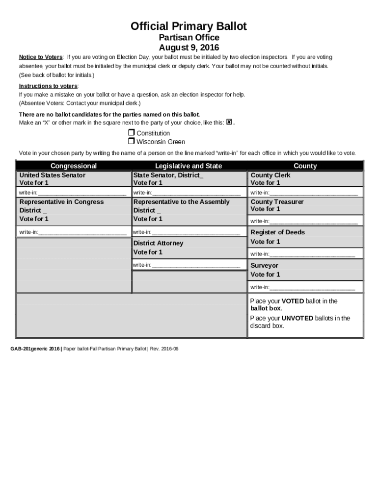 Official Primary Ballot - Grant County, Wisconsin Doc Template | pdfFiller