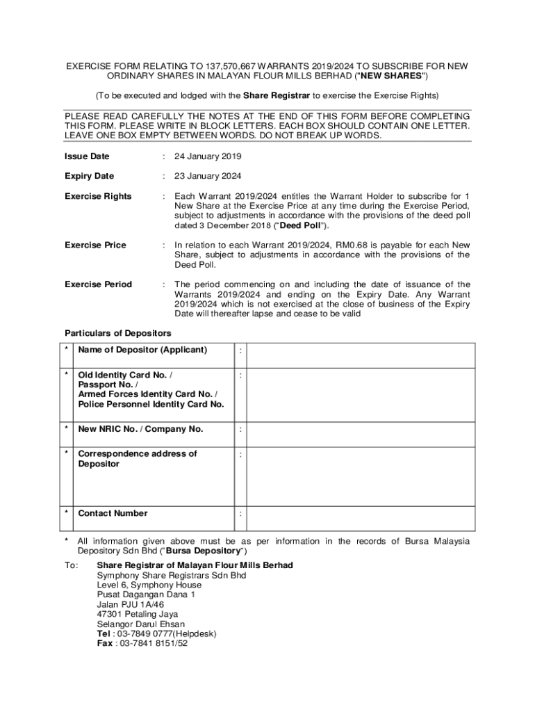Fillable Online MFLOUR Warrants - Exercise Form - Malayan Flour Mills ...
