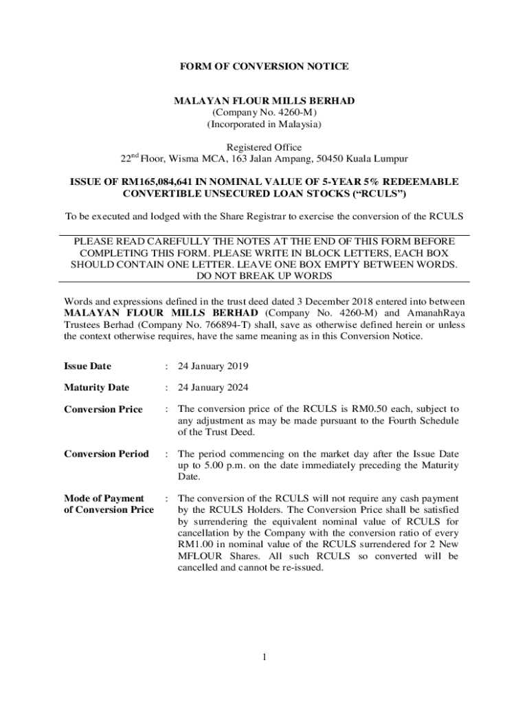 Fillable Online FORM OF CONVERSION NOTICE MALAYAN FLOUR MILLS BERHAD ...