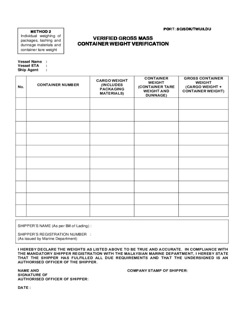 Fillable Online VGM FORM - METHOD 2 amended-QA Fax Email Print - pdfFiller