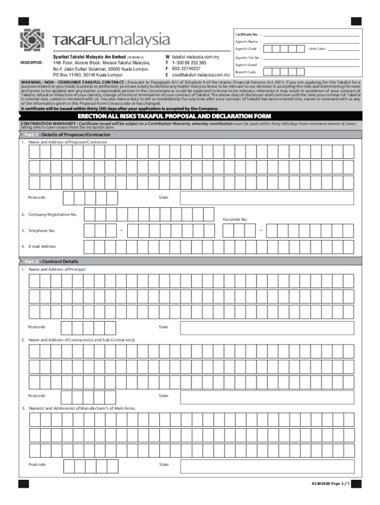 Fillable Online CONTRACTOR'S ALL RISKS TAKAFUL PROPOSAL AND ... Fax ...