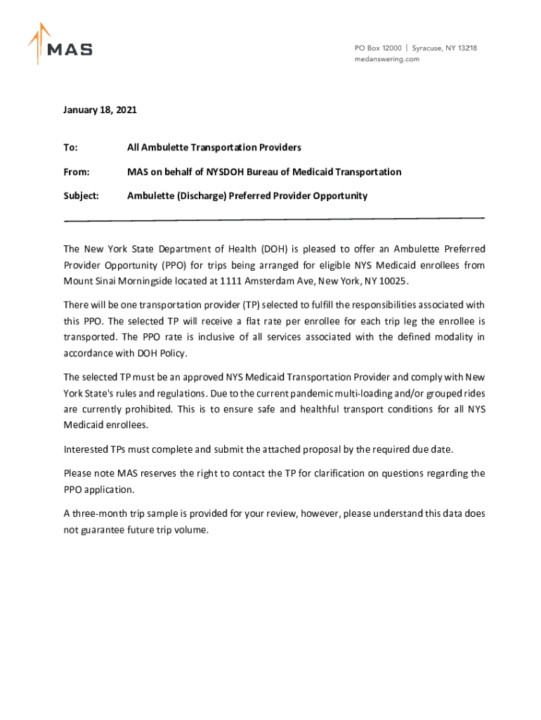Fillable Online PPO Letter Mt Sinai Morningside Ambulette (Single-Load ...